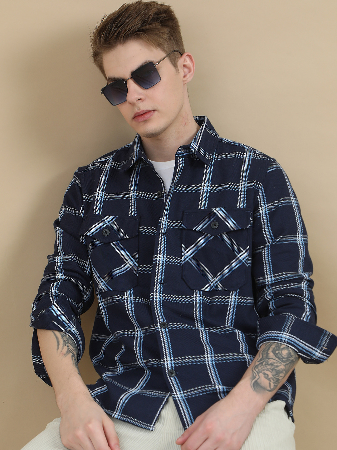 Buy StitchX Men Relaxed Fit Full Sleeve Textured Checkered Smart Collar ...