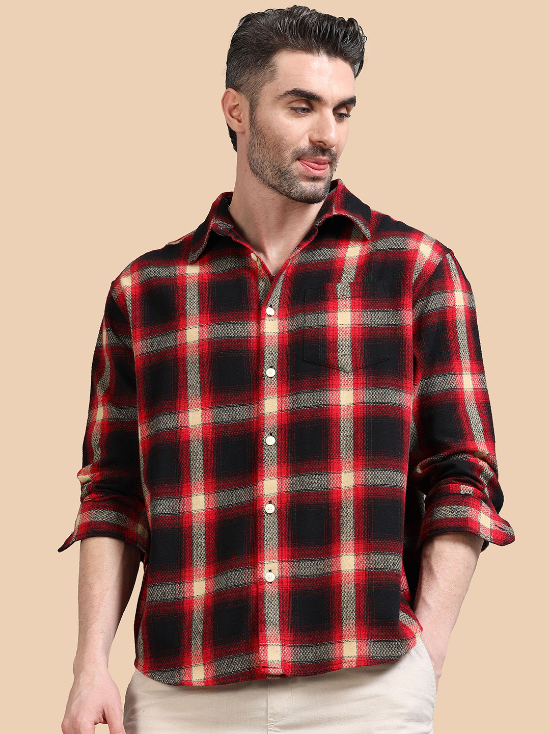 Buy StitchX Men Relaxed Fit Full Sleeve Brushed Cotton Checkered Spread ...