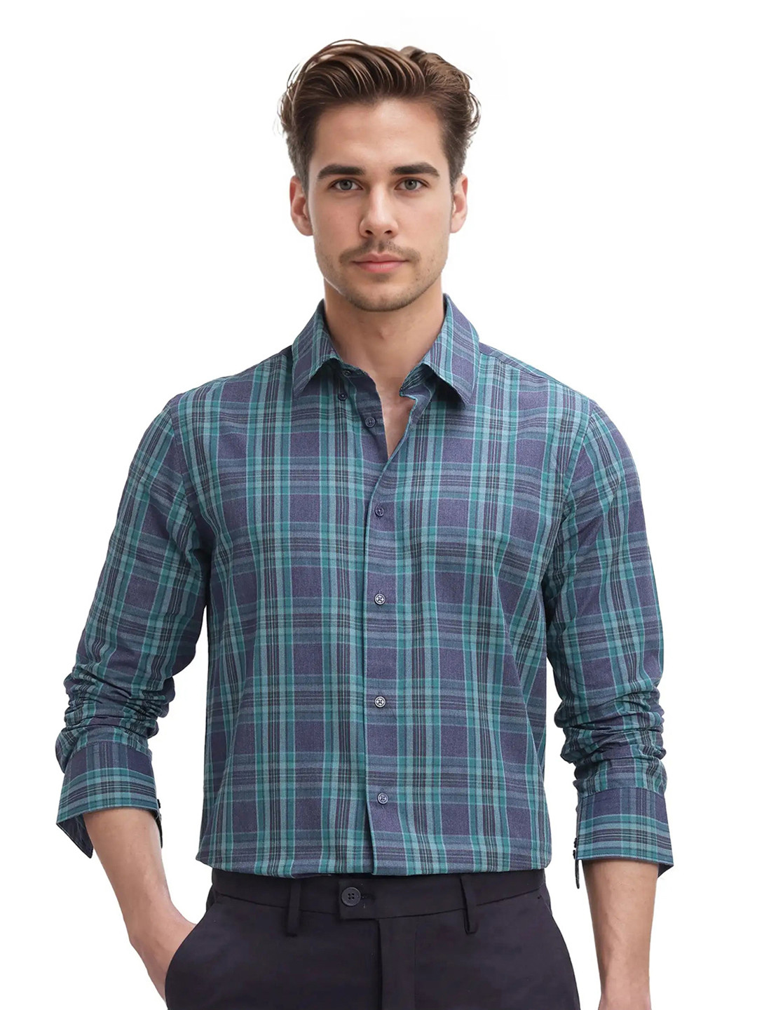 Buy RARE RABBIT Men Comfort Spread Collar Tartan Checked Cotton Casual ...