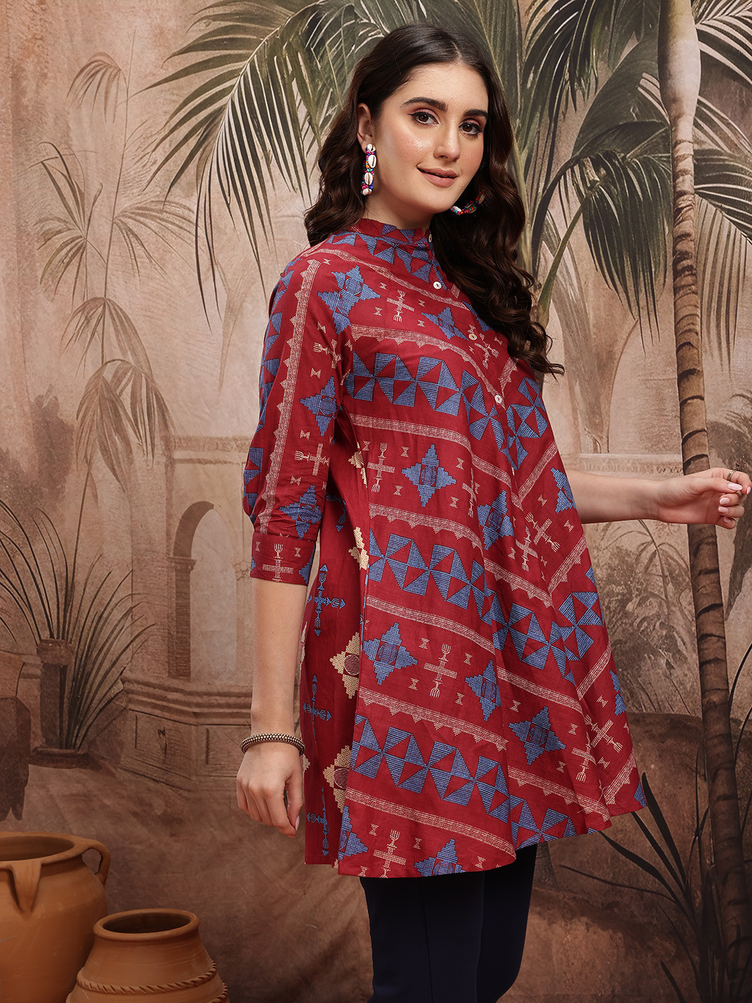 Buy Sangria Mandarin Collar Printed Pure Cotton Tunic - Tunics for ...