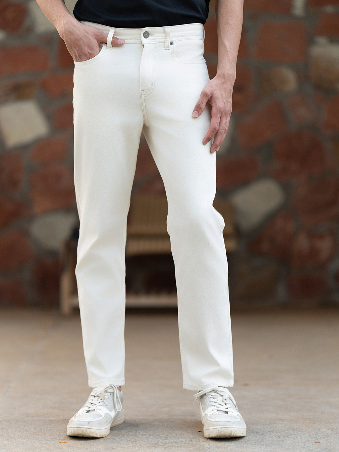 Buy The Pant Project Men Ecru Biege Relaxed Fit Stretchable Cotton ...