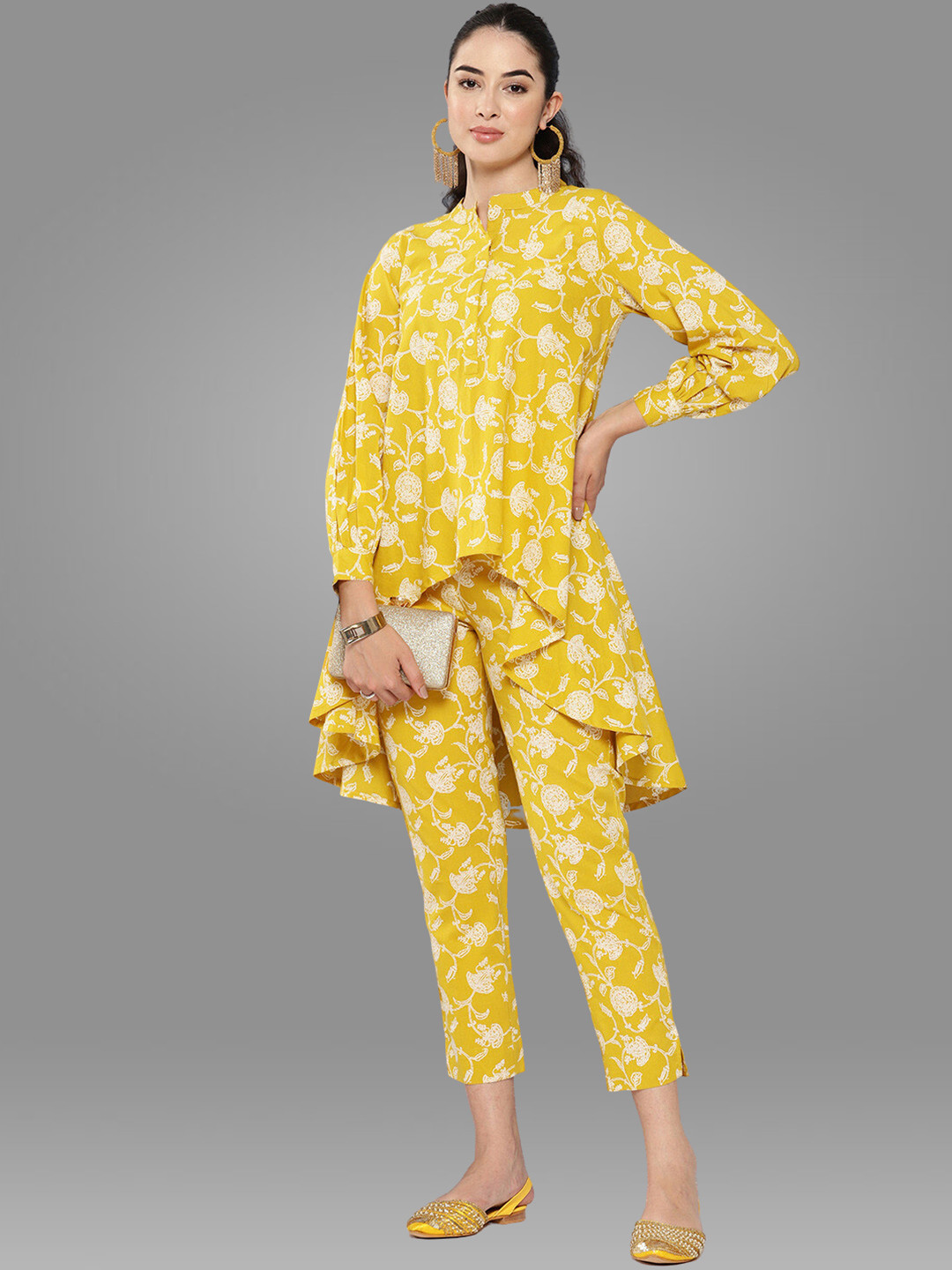 Buy CUSTARD Floral Printed Mandarin Collar Puffed Sleeves Pure Cotton ...