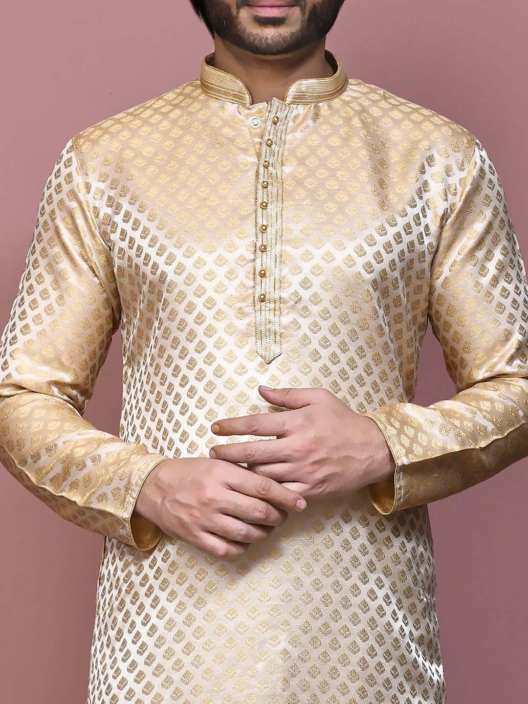 Buy RANAK Mandarin Collar Ethnic Motifs Woven Design Straight Cotton ...