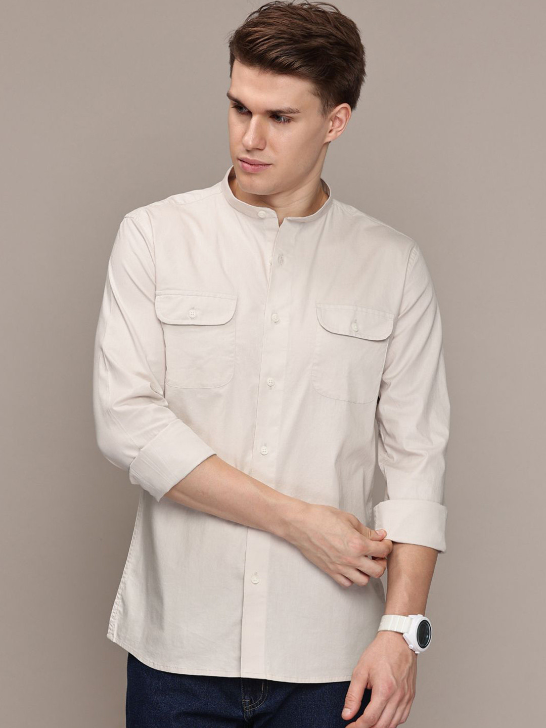 Buy French Connection Men Premium Band Collar Solid Cotton Slim Fit ...