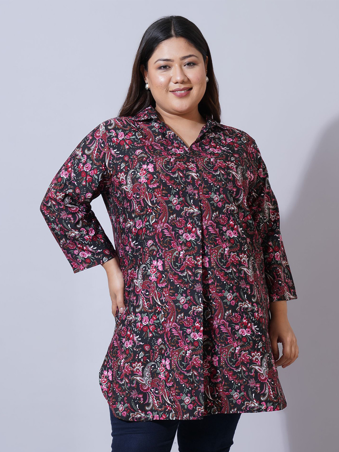 Buy U&F Beyond Women Plus Size Floral Printed Shirt Style Longline Top ...