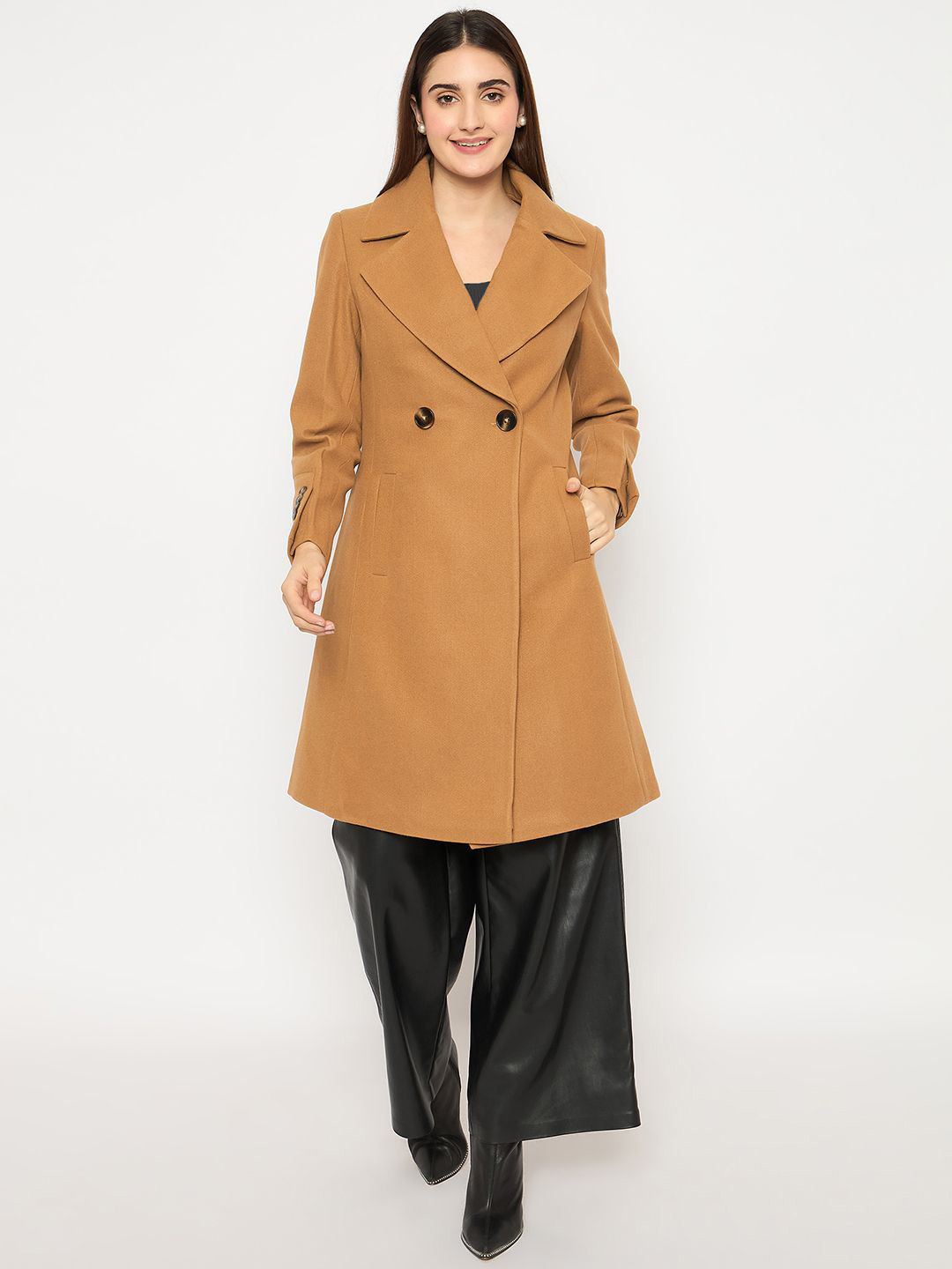 Buy Madame Women Solid Notched Lapel Overcoat Coat - Coats for Women ...