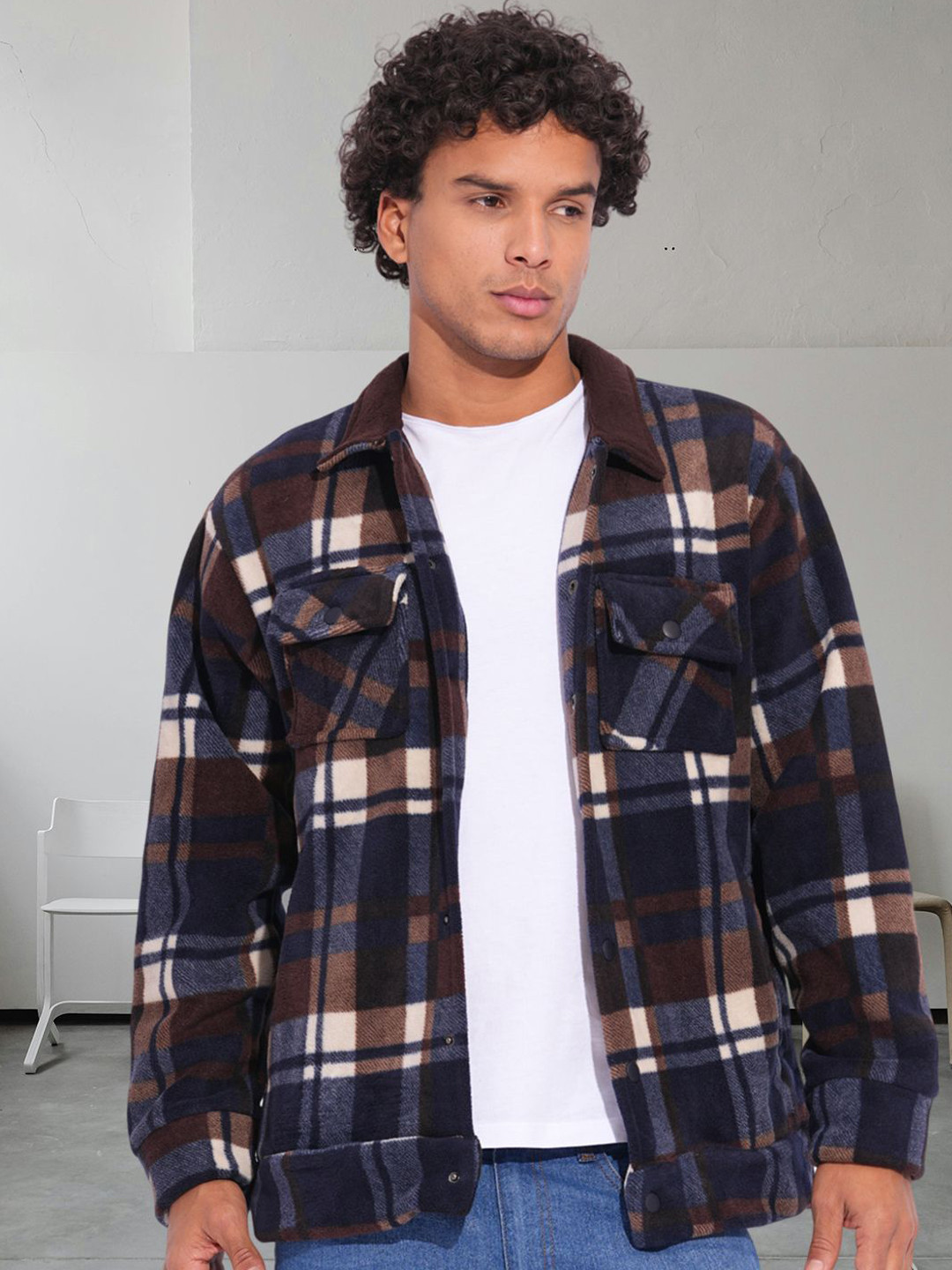 Buy PRONK Checked Spread Collar Relaxed Fit Shacket - Shackets for Men ...