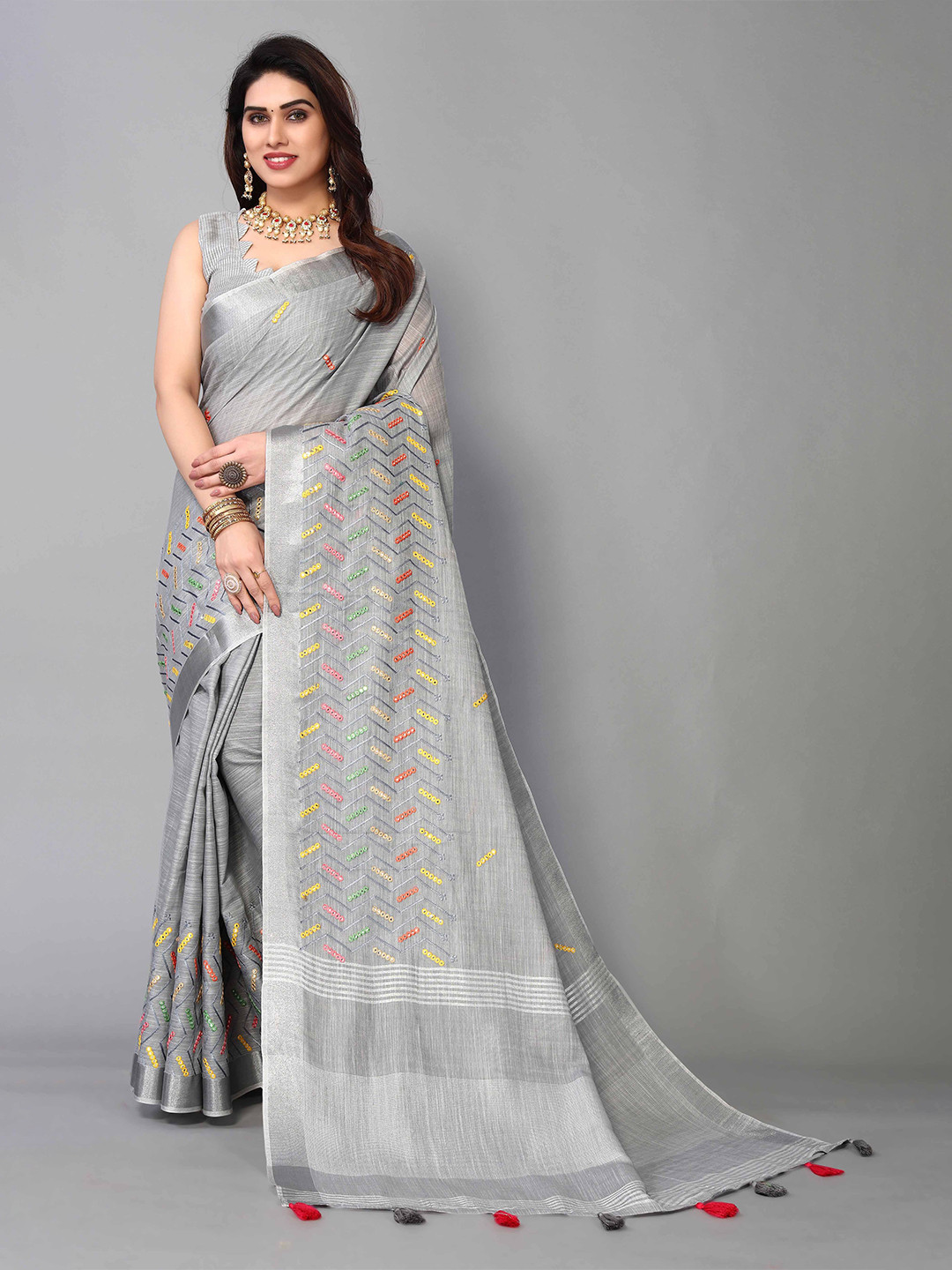 Buy Mitera Woven Design Mirror Work Linen Blend Saree - Sarees for ...