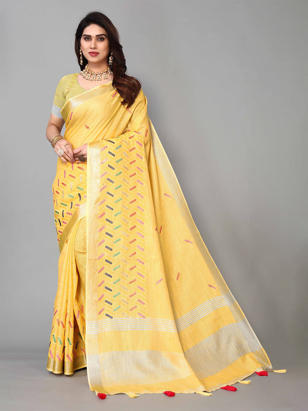Buy Mitera Woven Design Mirror Work Linen Blend Saree - Sarees for ...