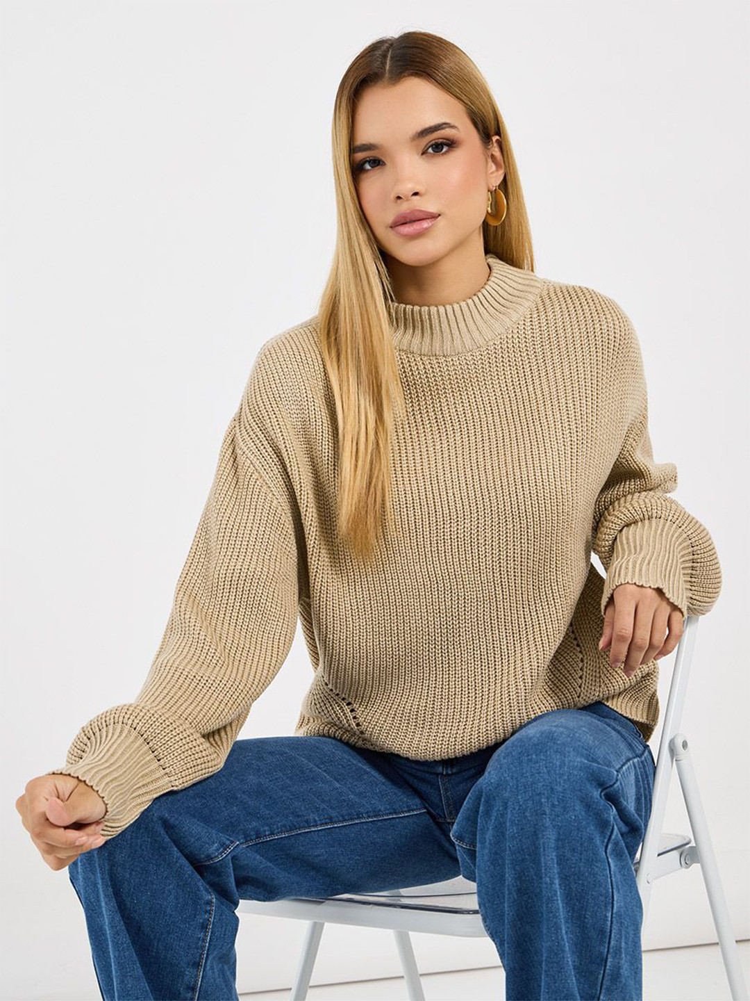 Buy Styli Women High Neck Self Design Volume Sleeves Pullover Sweater ...