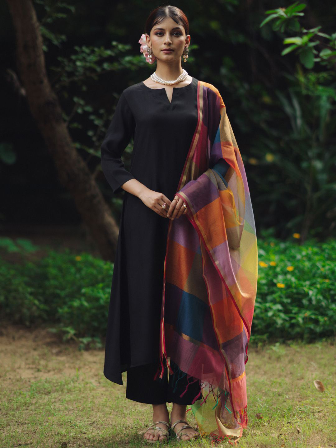 Buy Anayna Notch Neck Regular Silk A Line Kurta With Trousers & Dupatta ...