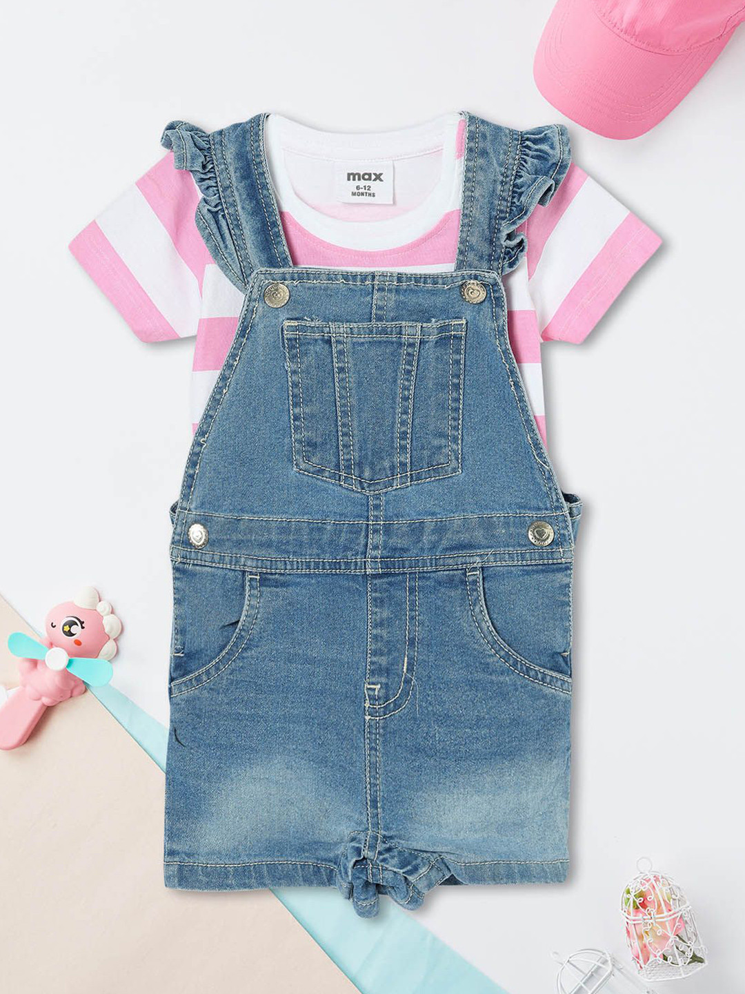 Buy Max Girls Pure Cotton Denim Dungarees With T Shirt - Dungarees for ...