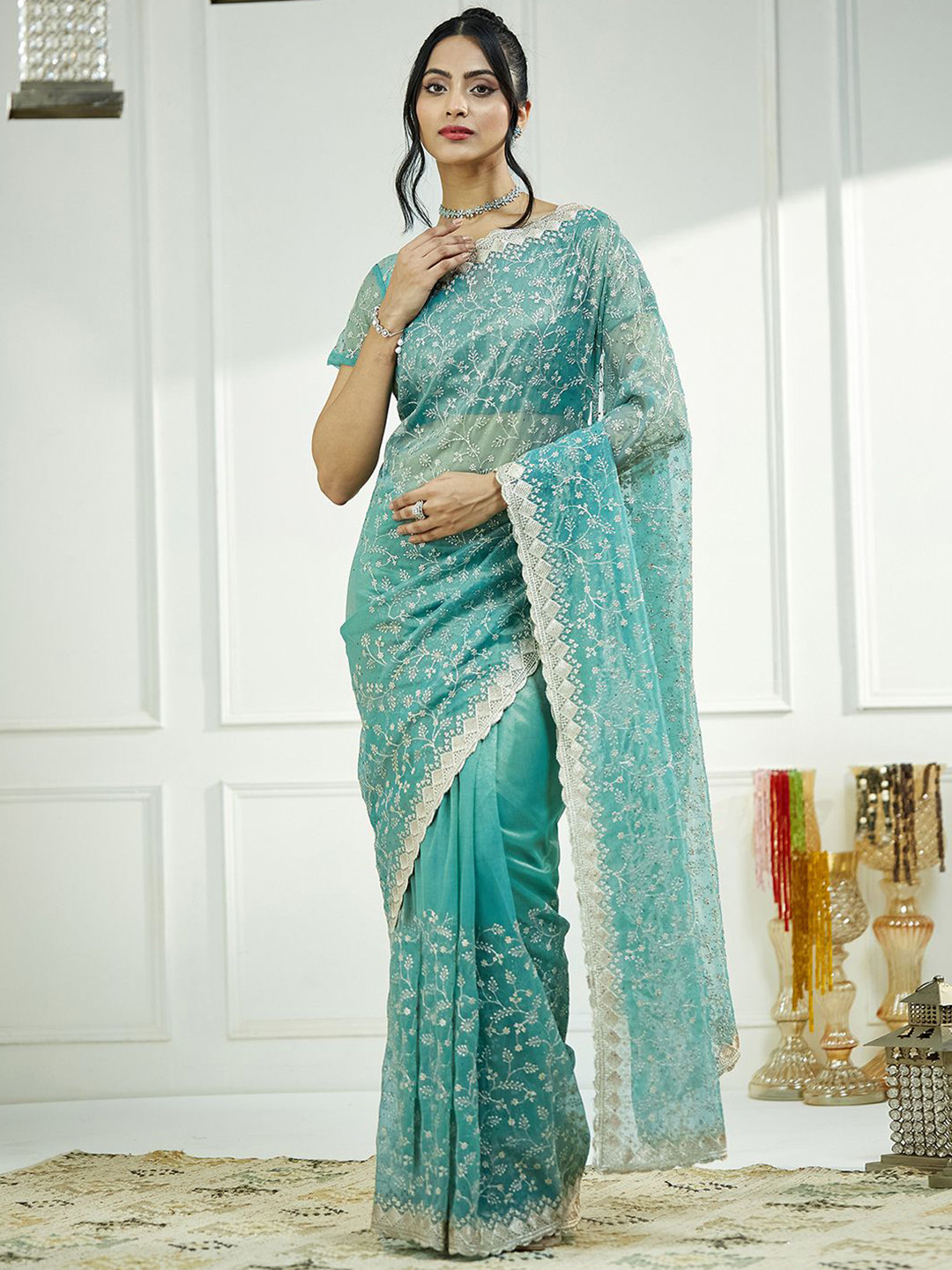 Buy Satrani Embellished Beads And Stones Embroidered Saree - Sarees for ...