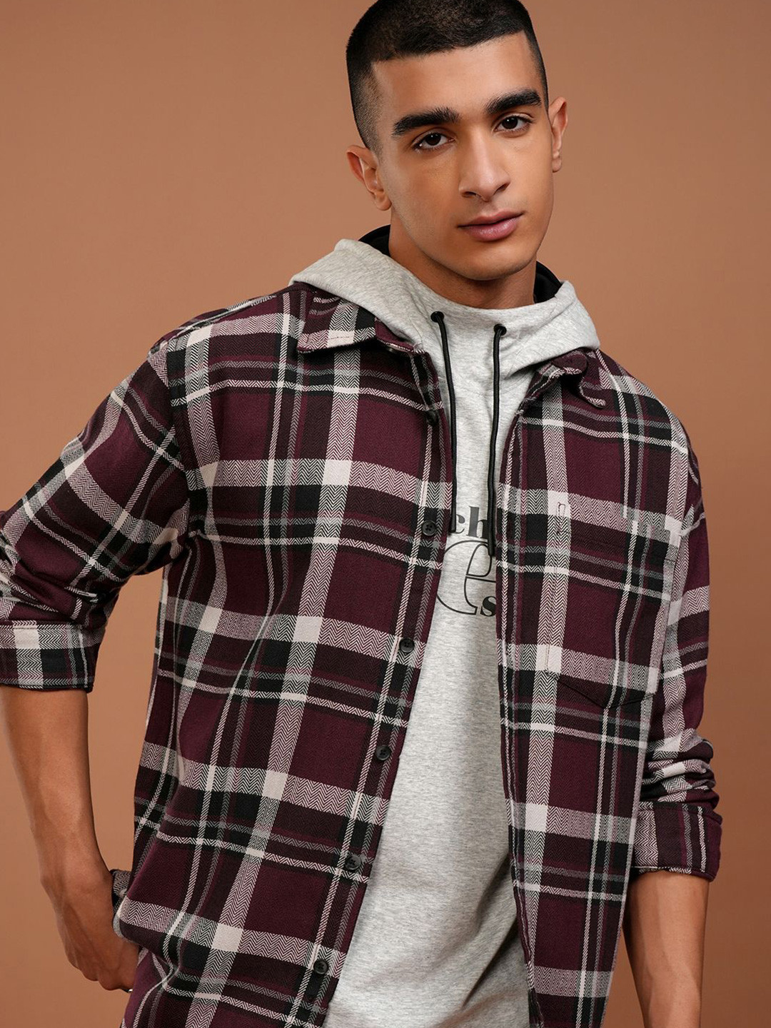 Buy HIGHLANDER Men Checked Spread Collar Relaxed Fit Casual Shacket ...