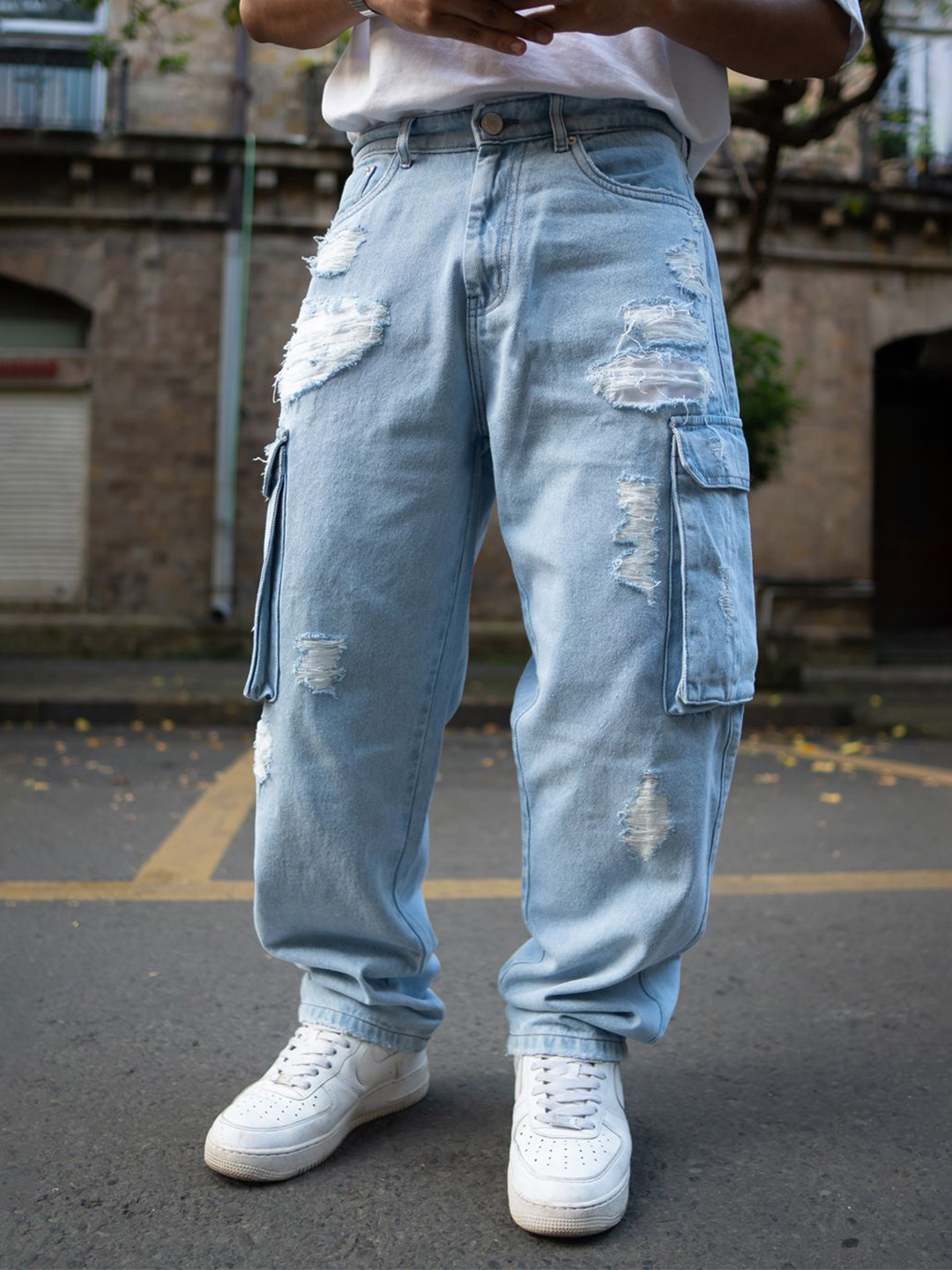 Buy Powerlook Men Baggy Fit Distressed Cotton Cargo Jeans - Jeans for ...