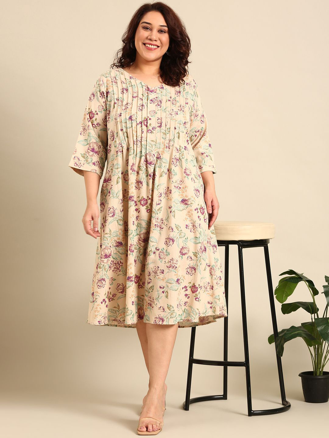 Buy The Pink Moon Women Floral Printed Pintuk A Line Midi Dress ...