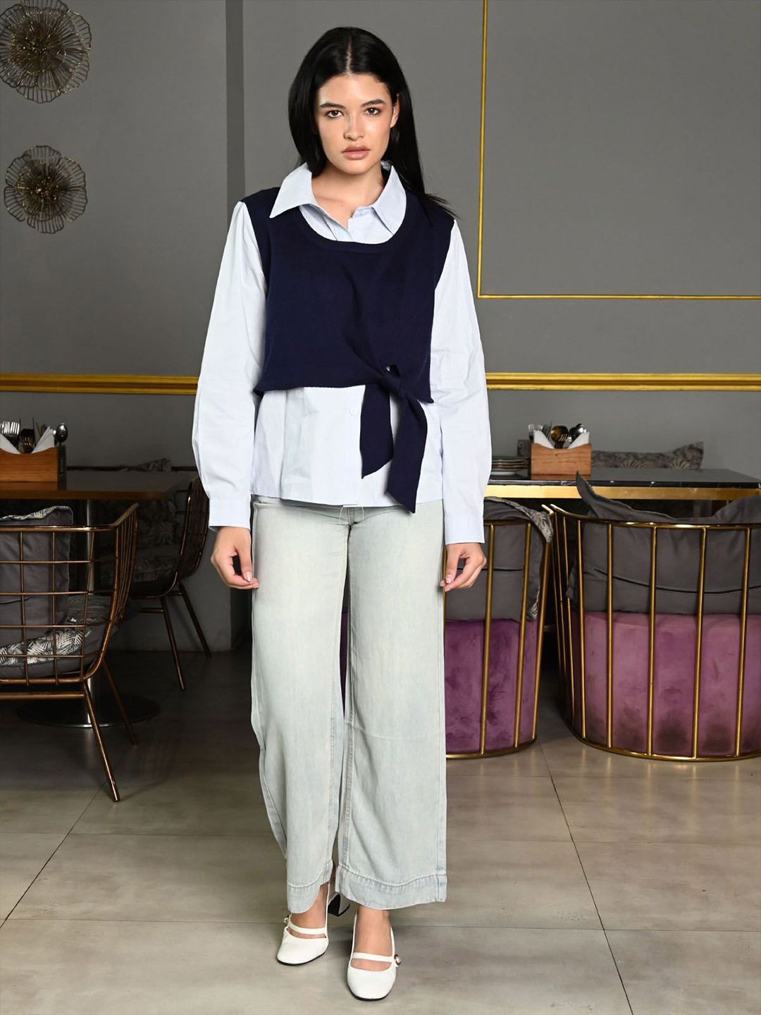 Buy ODETTE Cotton Shirt Rib Outer Solid Tie Up Top For Women - Tops for ...