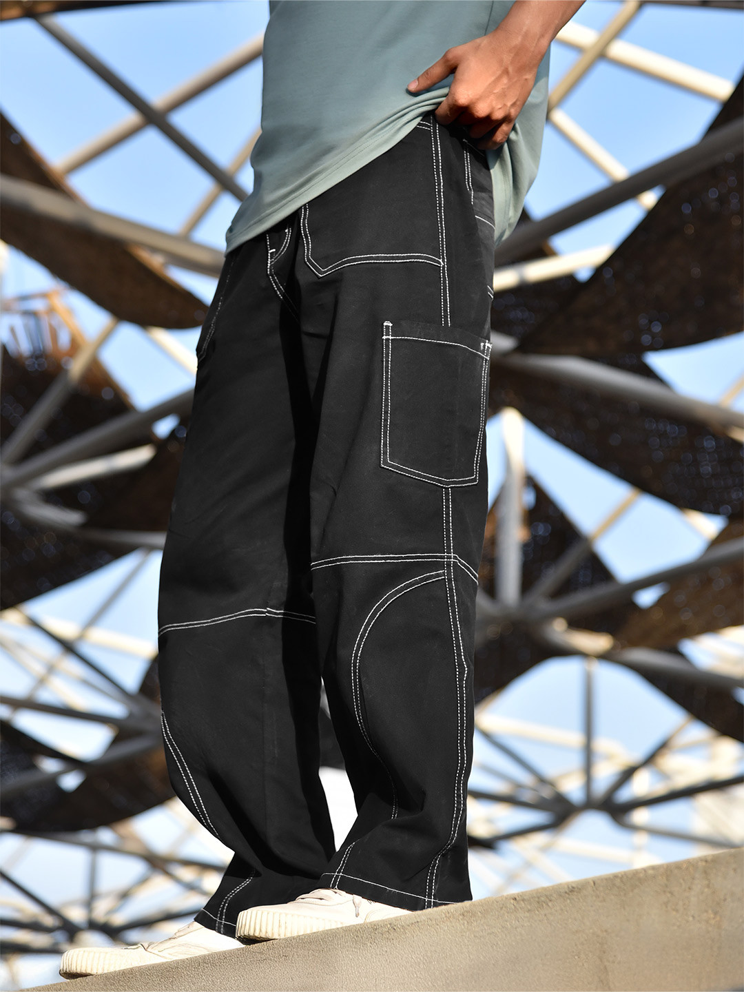 Buy Beyoung Men Black Patch Pocket Contrast Stitch Cargo Pants ...