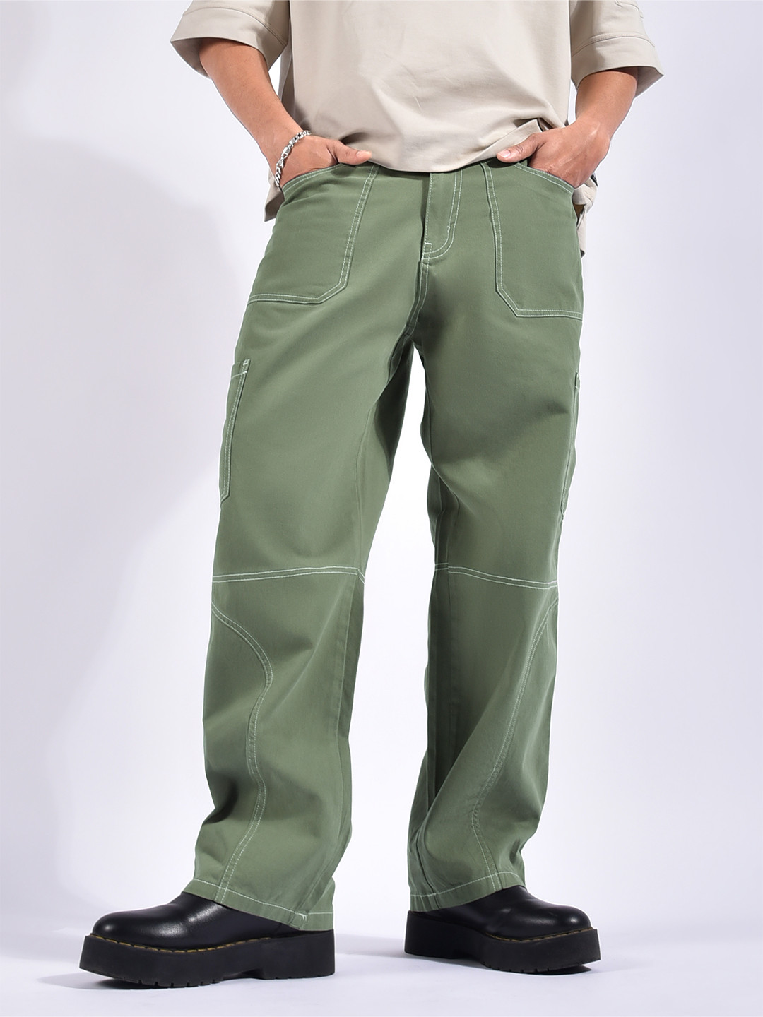 Buy Beyoung Men Cotton Patch Pocket Contrast Stitch Cargo Pants ...