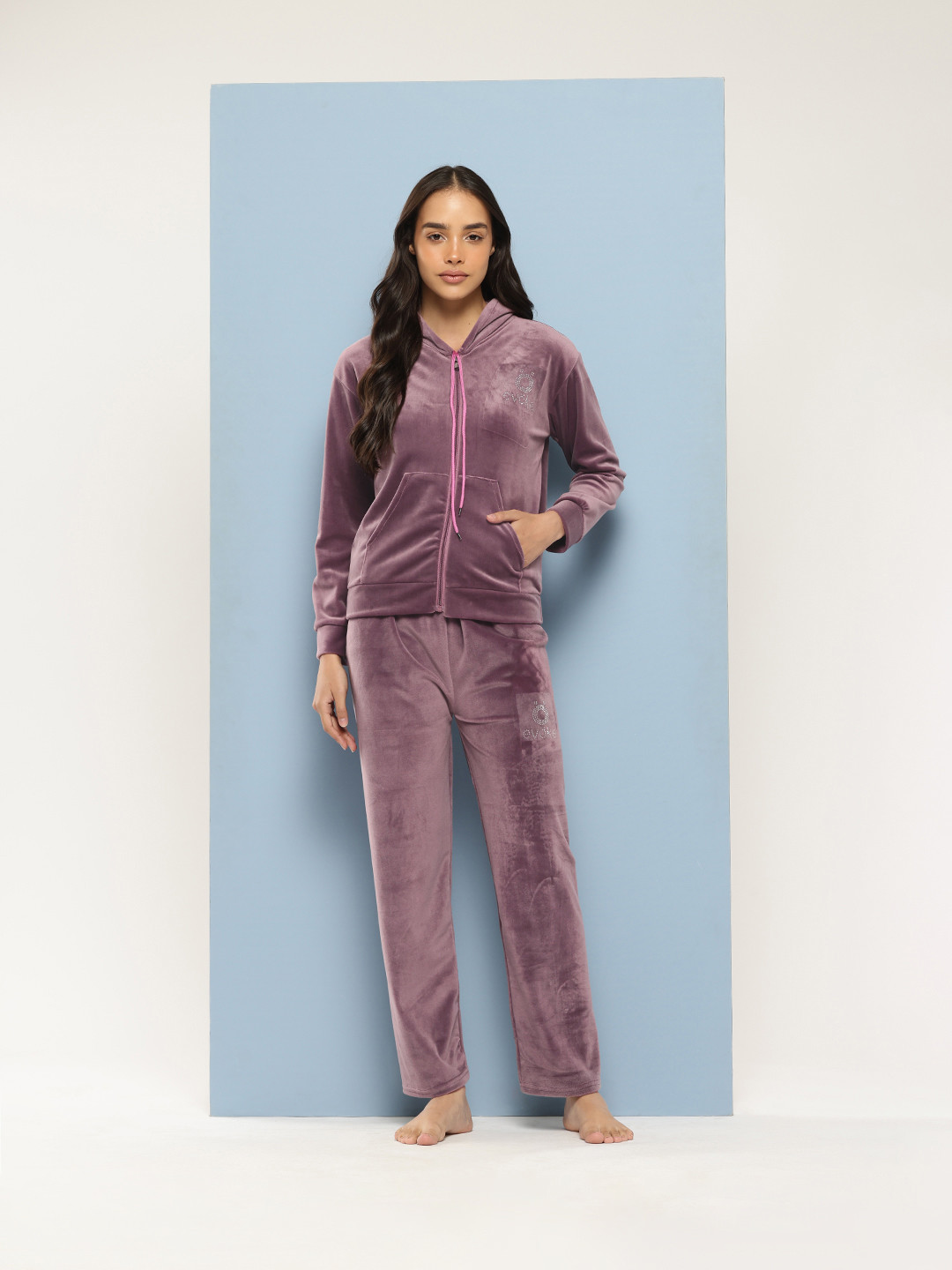 Buy Aarika Hooded Velvet Night Suit With Embellished Detail - Night ...
