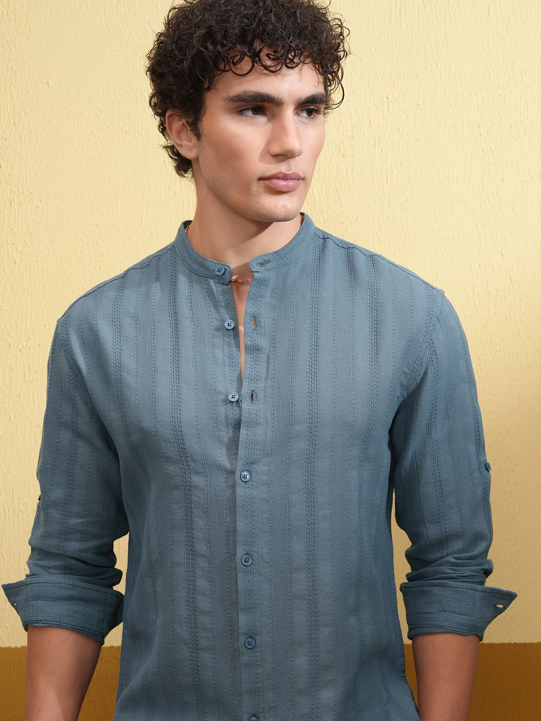 Buy HIGHLANDER Men Band Collar Vertical Striped Cotton Relaxed Fit ...