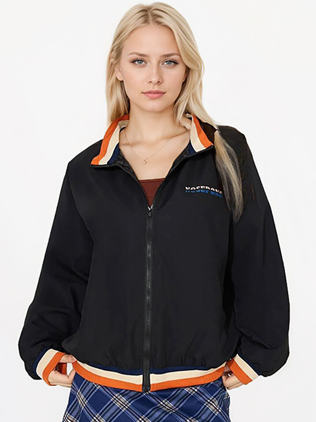 Buy JC Mode Women Mock Collar Typography Printed Casual Bomber Jacket ...