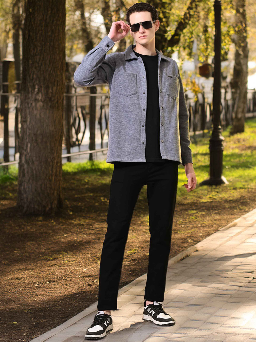 Buy STARFOX Spread Collar Long Sleeves Woollen Pocket Detailing Shacket ...