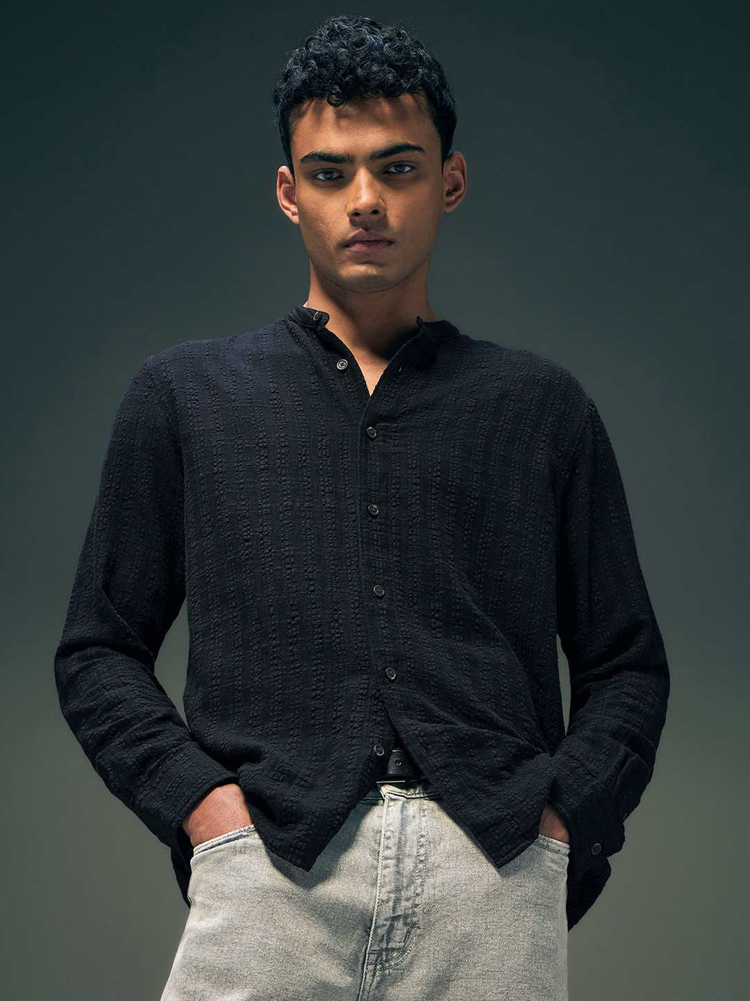 Buy Flying Machine Men Regular Fit Mandarin Collar Textured Casual ...