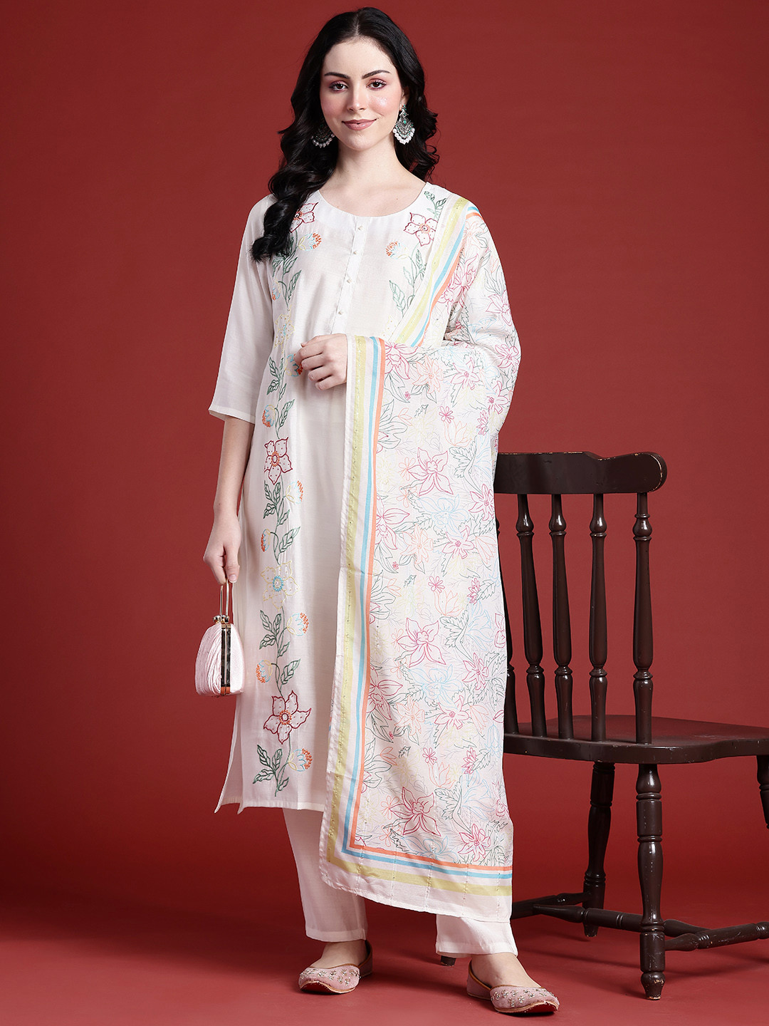 Buy Anouk Floral Embroidered Thread Work Kurta With Trousers & Dupatta ...