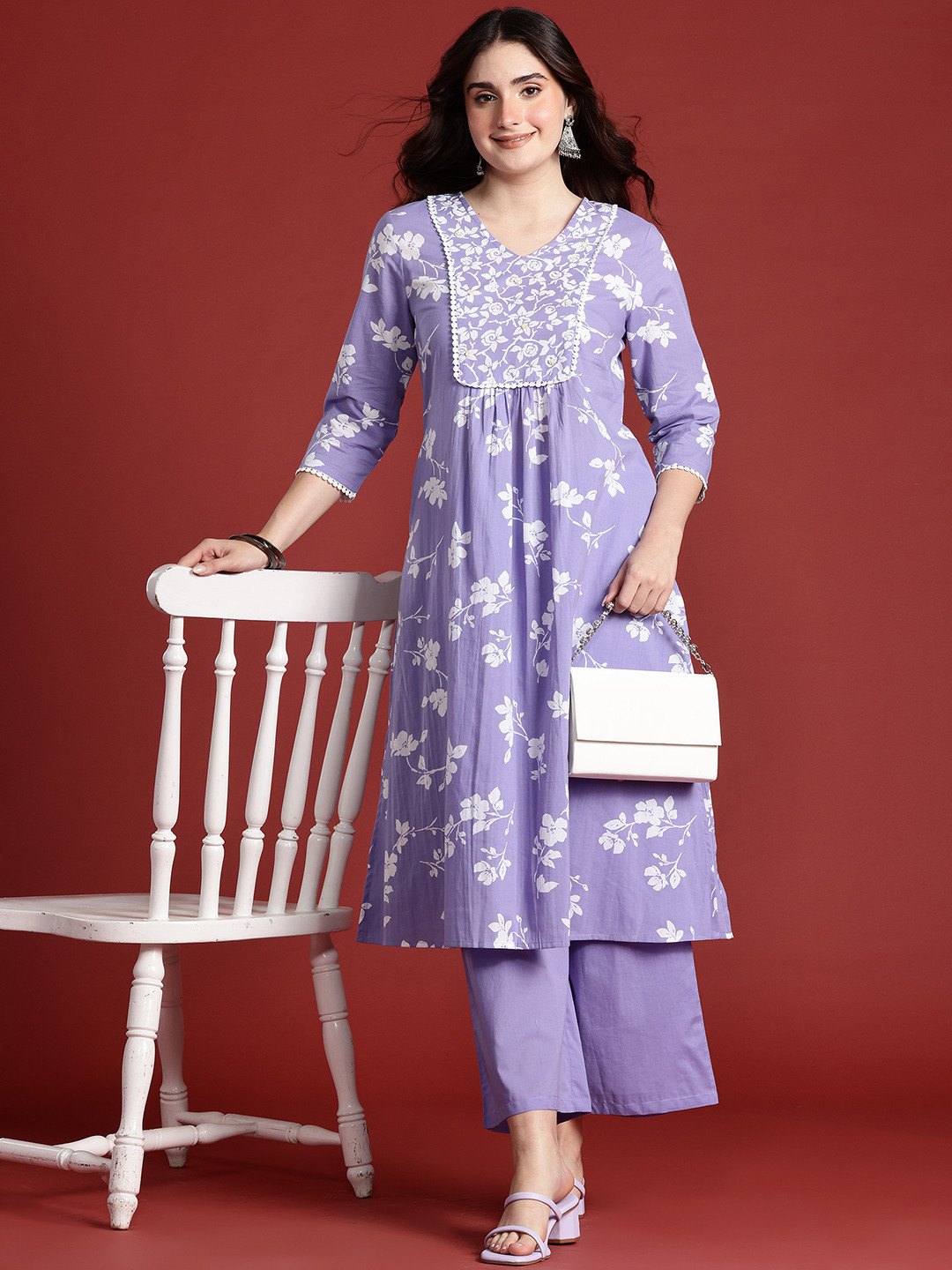 Buy Anouk Floral Print Sequined Pure Cotton Kurta With Palazzos - Kurta ...