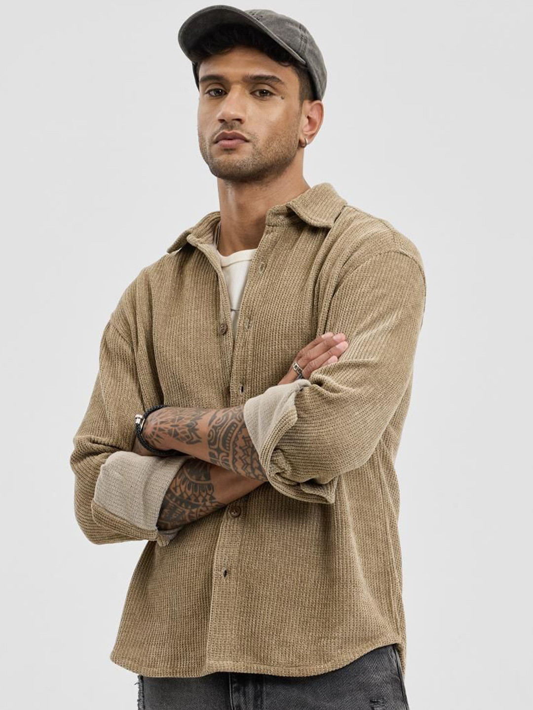 Buy Snitch Khaki Textured Relaxed Fit Open Front Shacket - Shackets for ...