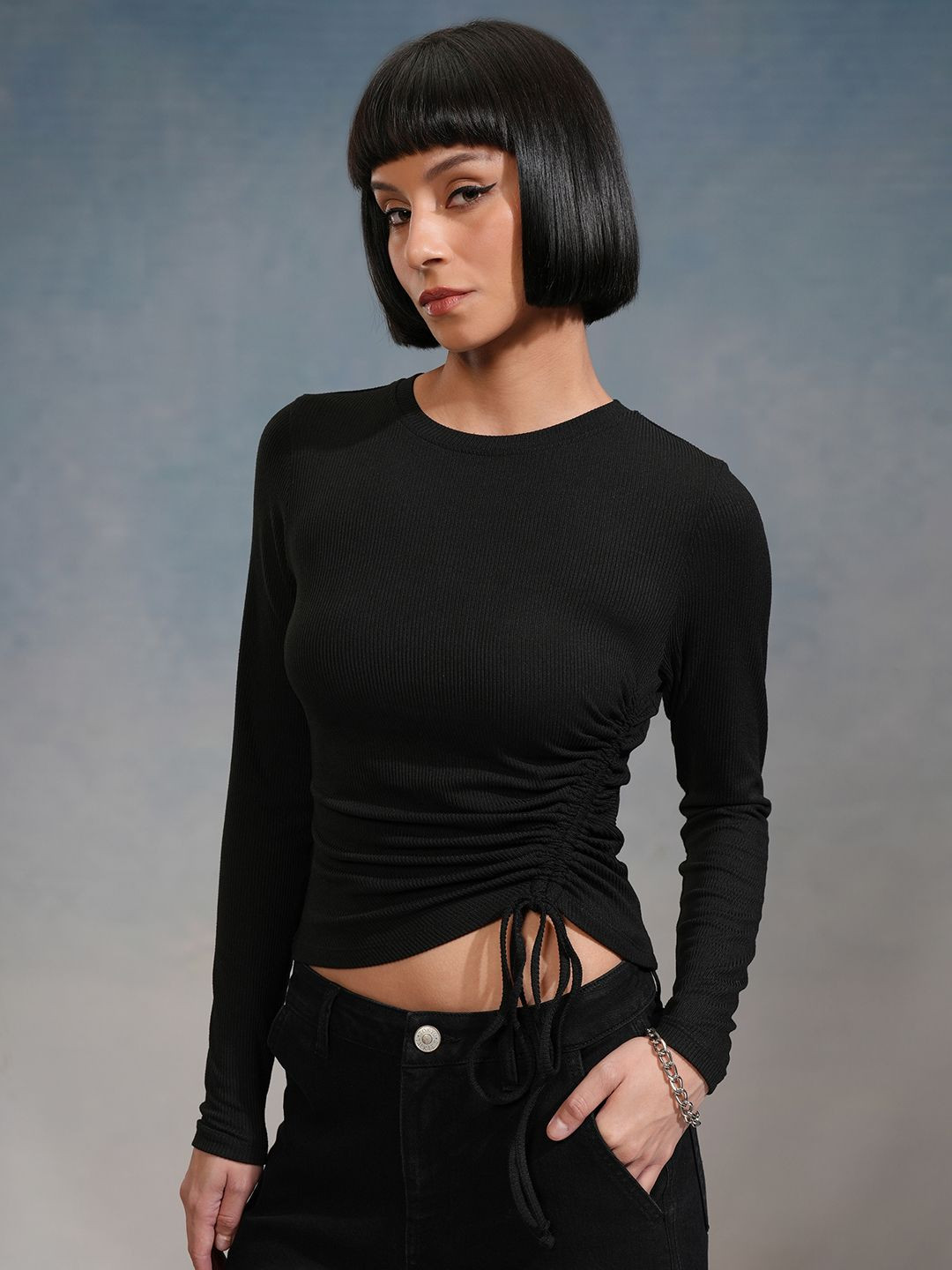 Buy Tokyo Talkies Women Solid Ribbed Asymmetrical Ruched Crop Top ...