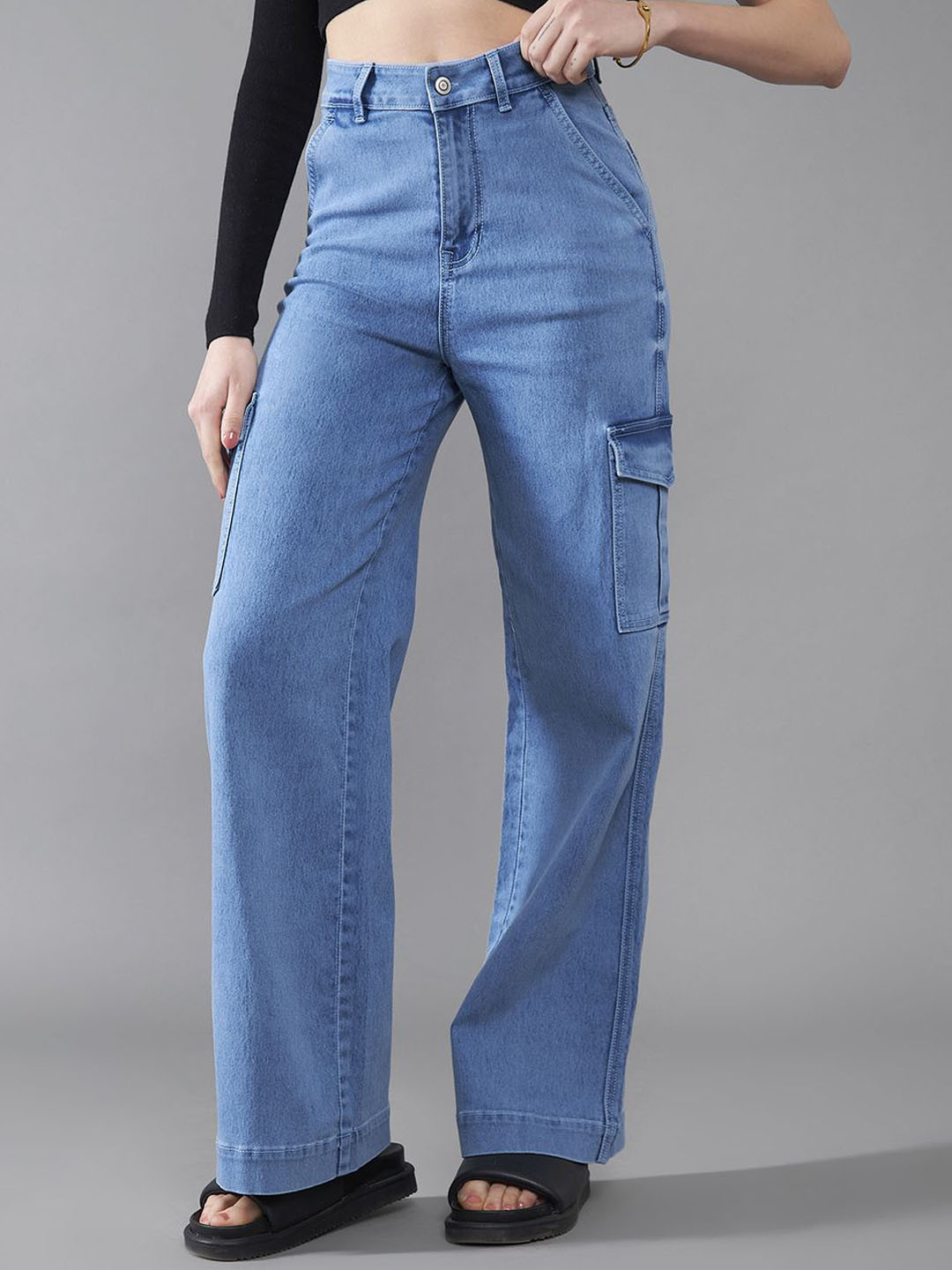 Buy DOLCE CRUDO Women Wide Leg High Rise Heavy Fade Stretchable Jeans ...