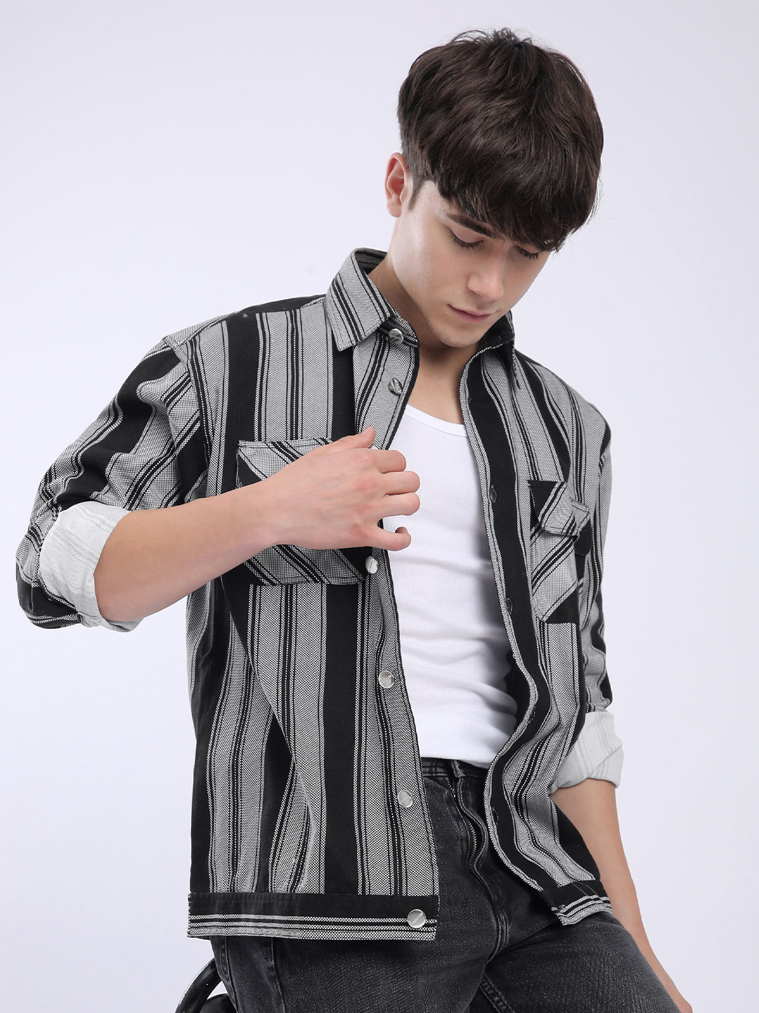 Buy Beyoung Striped Spread Collar Relaxed Fit Cotton Shacket - Shackets ...