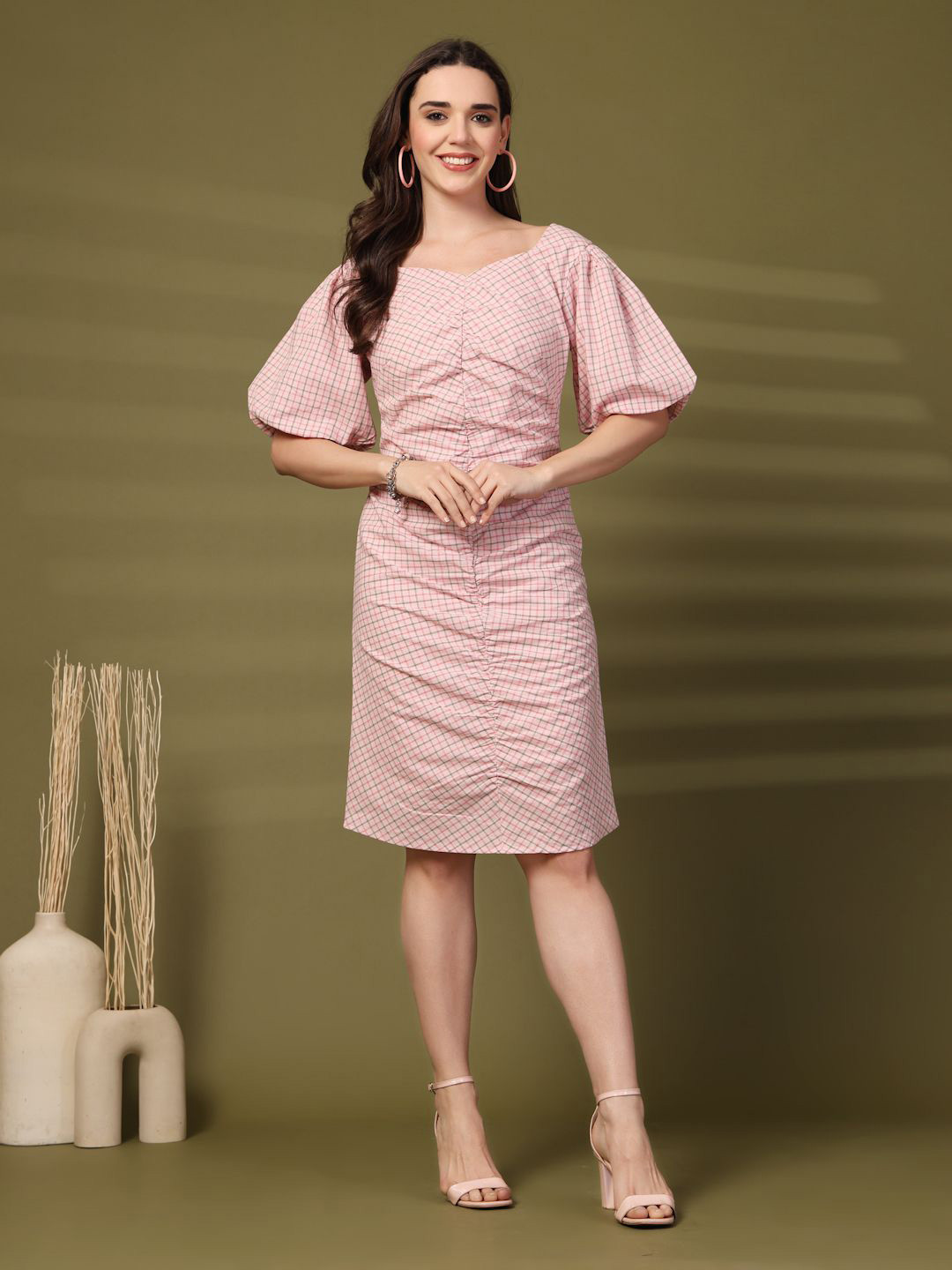 Buy Rue Collection Women Checked Cotton Sheath Knee Length Dress ...