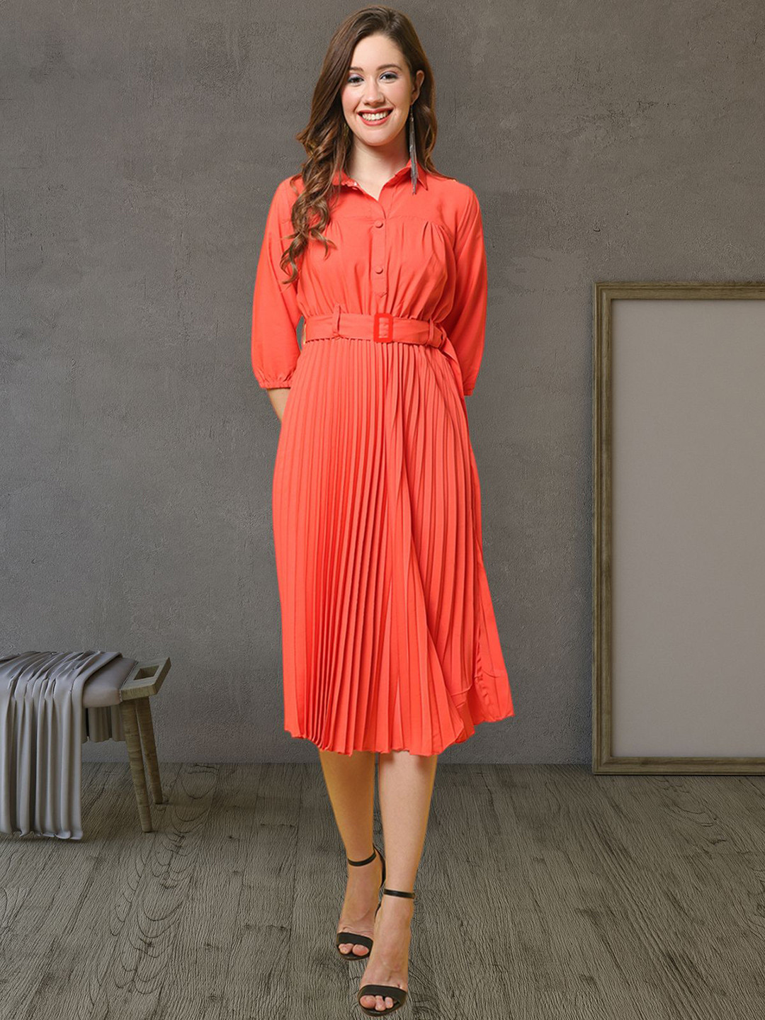 Buy Fabflee Women Shirt Collar Accordion Pleats A Line Midi Dress ...