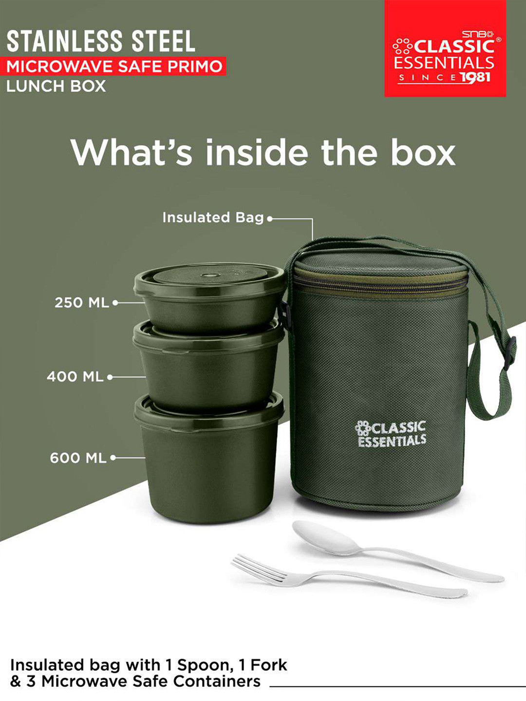 Buy Classic Essentials Green Stainless Steel Leak Proof 3 Lunch Boxs ...