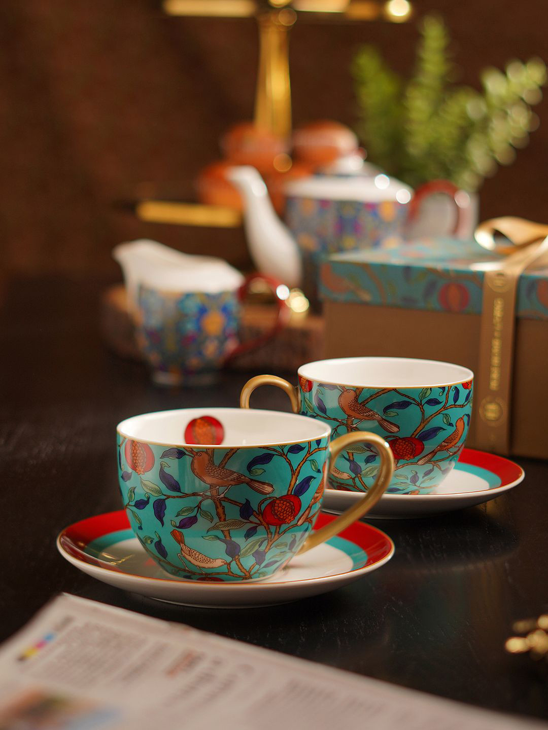 Buy Pure Home And Living 4 Pcs Teal & Red Floral Pattern Tea Cups ...