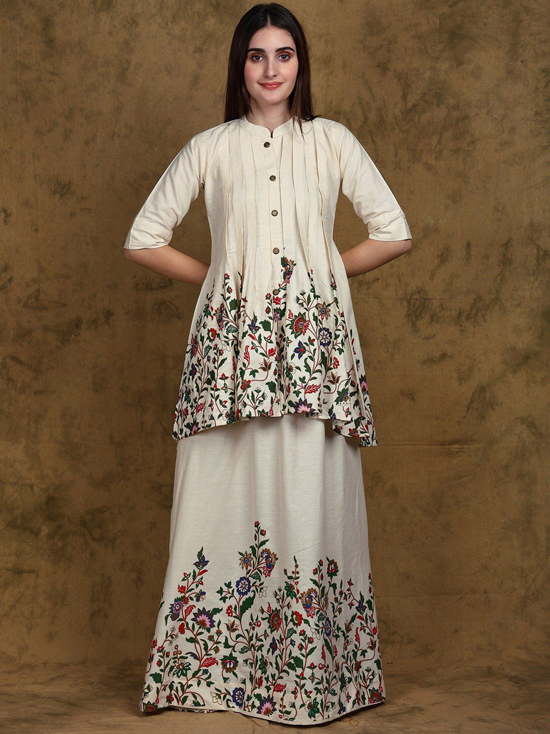 Buy Exotic India Whisper White Cotton Floral Printed Mandarin Collar ...