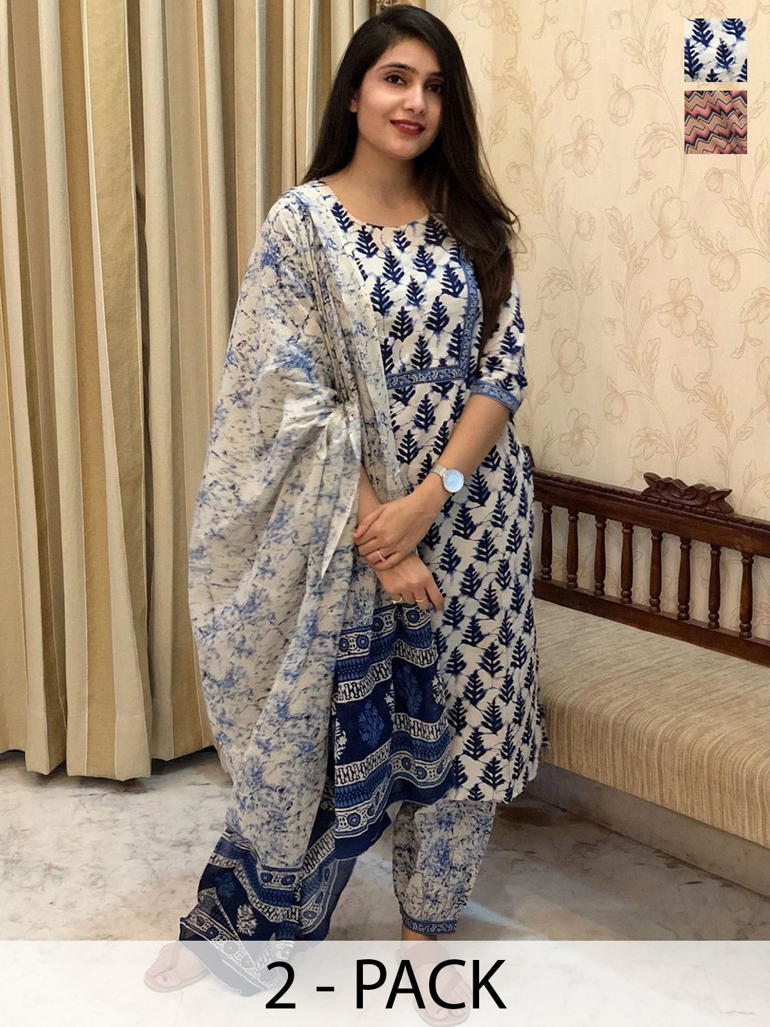 Buy KALINI Pack Of 2 Printed Kurtas Trousers With Dupatta Kurta Sets ...