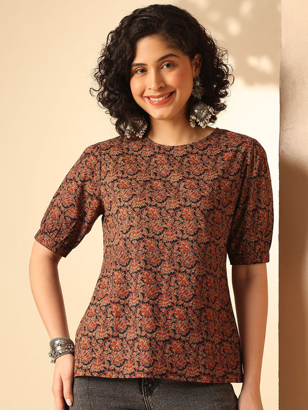Buy Anouk Women Ethnic Printed Cuffed Sleeves Pure Cotton Top - Tops ...
