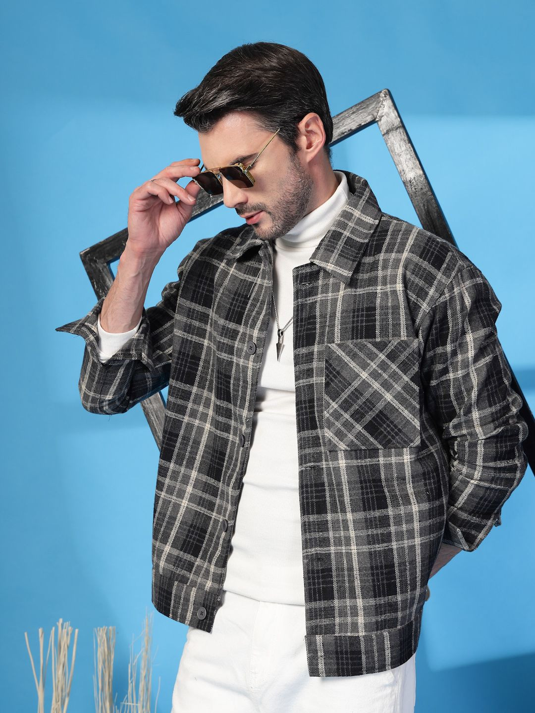 Buy CHKOKKO Men Tartan Checked Spread Collar Shacket - Shackets for Men ...