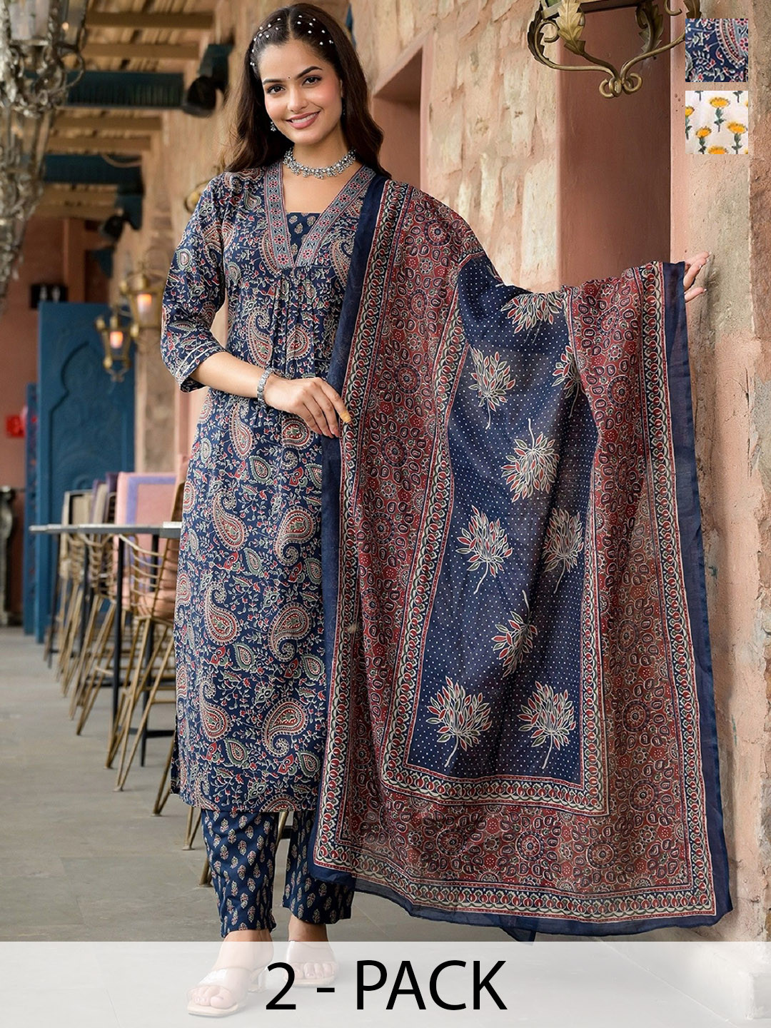 Buy KALINI Selection Of 2 Paisely Printed V Neck Straight Kurtas With Trousers And Dupattas ...