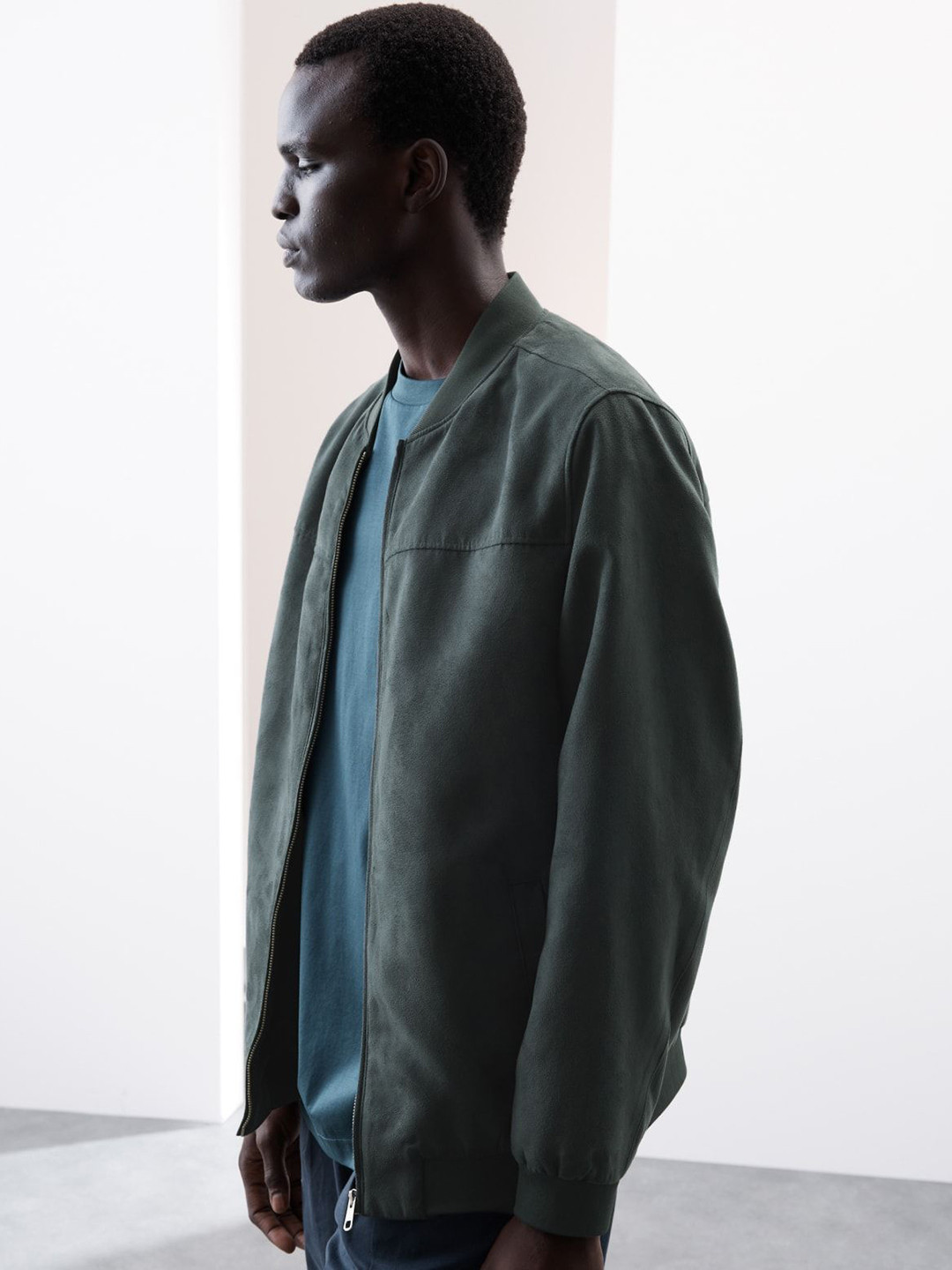 Buy Marks & Spencer Men Solid Stand Collar Faux Suede Bomber Jacket ...