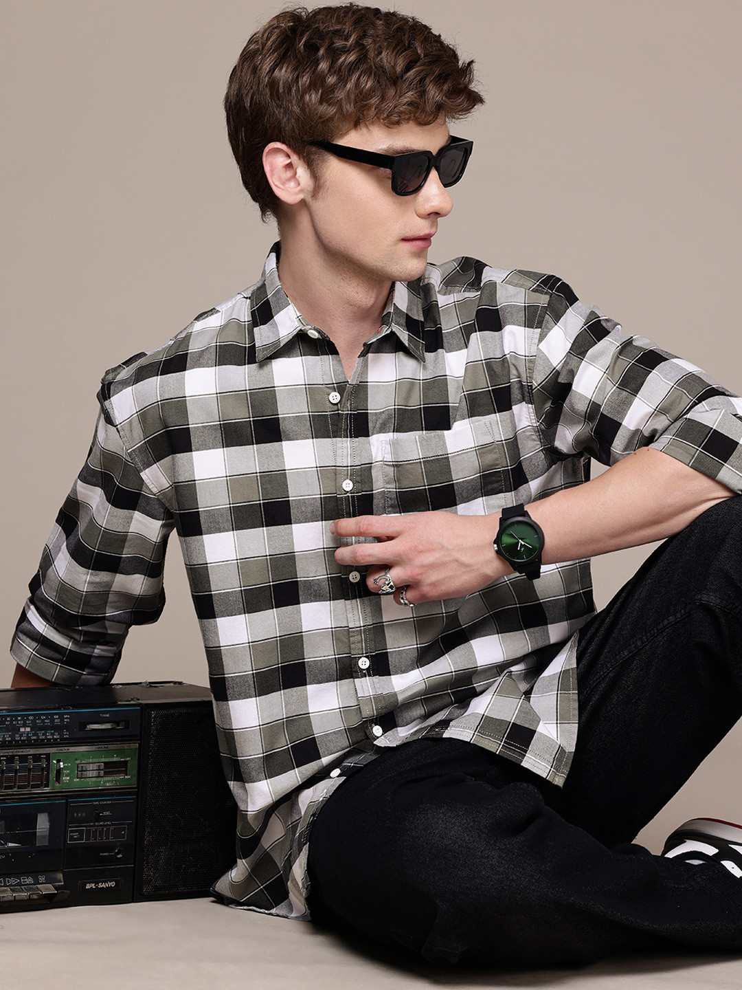 Buy The Roadster Life Co. Pure Cotton Checked Drop Shoulder Sleeves Relaxed Fit Casual Shirt ...