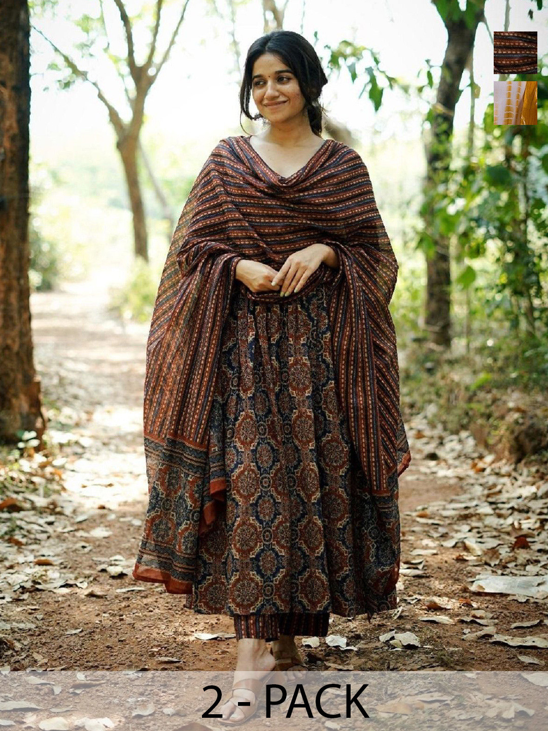 Buy KALINI Selection Of 2 Ethnic Motifs V Neck Anarkali Kurtas With Trousers And Dupattas ...