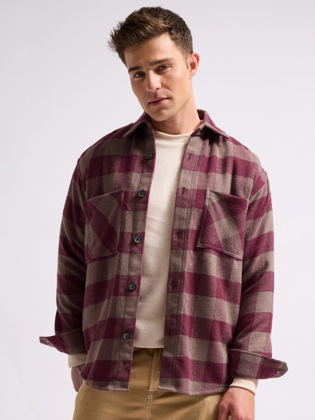 Buy MISCHIEF MONKEY Men Buffalo Checked Spread Collar Cotton Casual ...