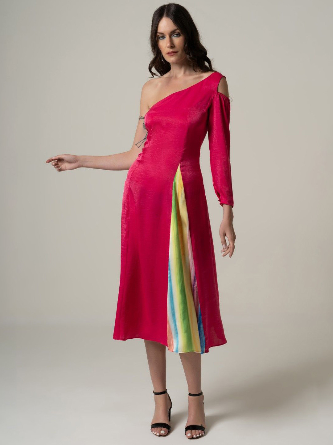 Buy CHALSI & CYRUS Women One Shoulder Satin A Line Midi Dress - Dresses ...