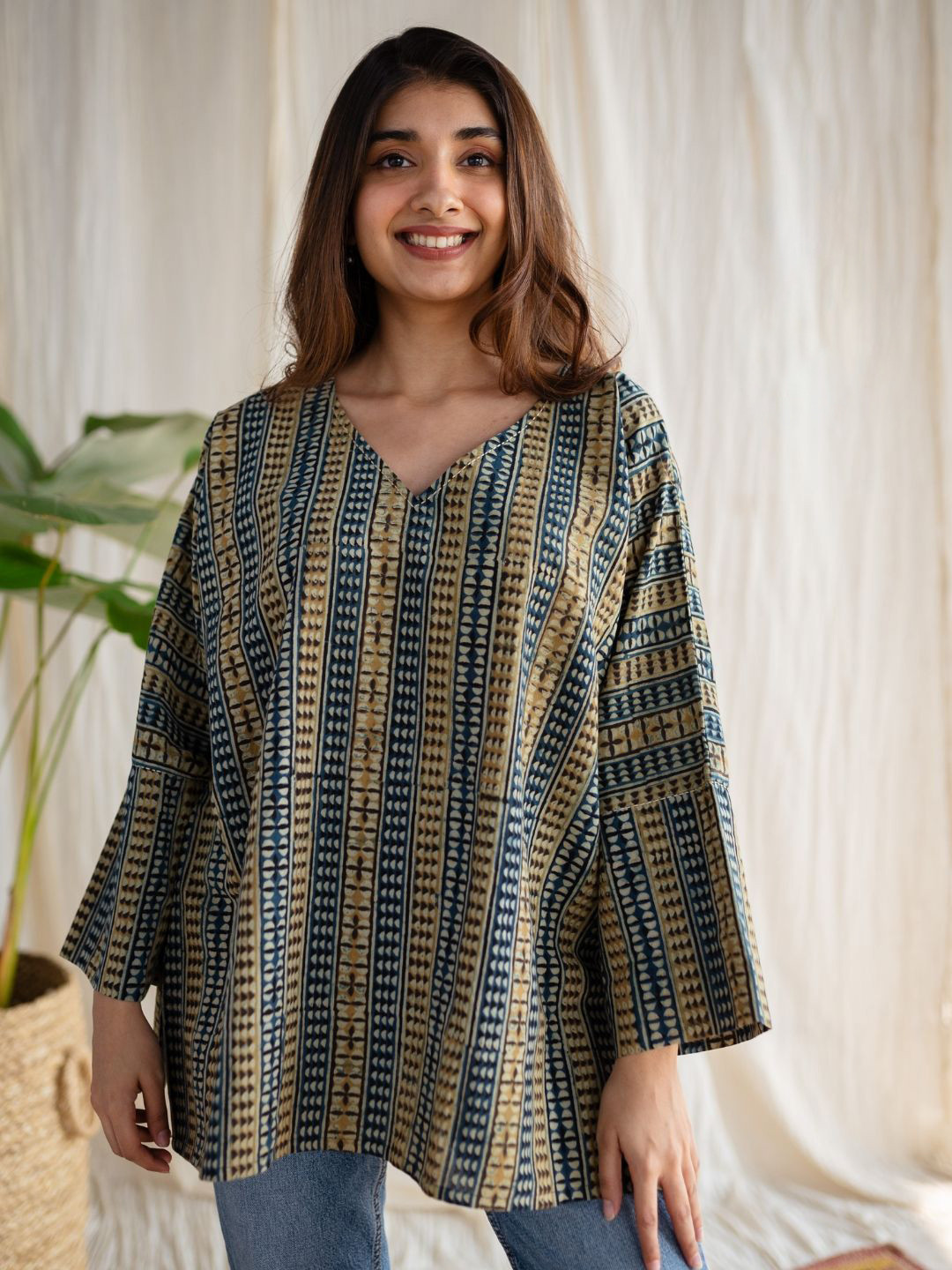 Buy THE INDIAN ETHNIC CO Indigo Loose Ajrakh Cotton Short Top - Tops ...