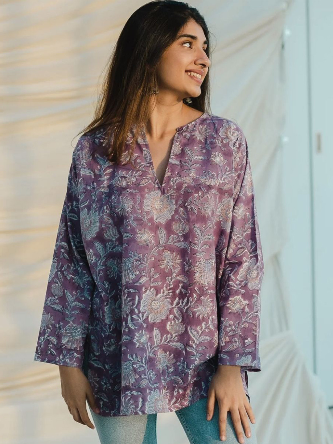 Buy THE INDIAN ETHNIC CO Purple Straight Sanganeri Cotton Short Top ...